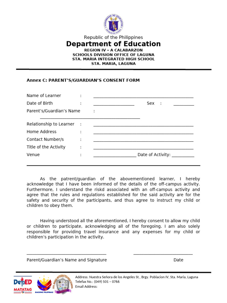 Parent Consent Form for Off-Campus Activity | PDF | Kinship And Descent ...