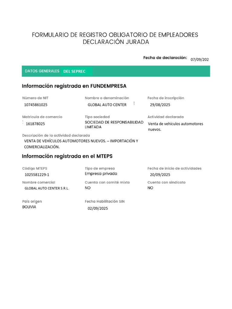 Formulario Metps de Ministerio de Trabajo Global Center SRL | PDF