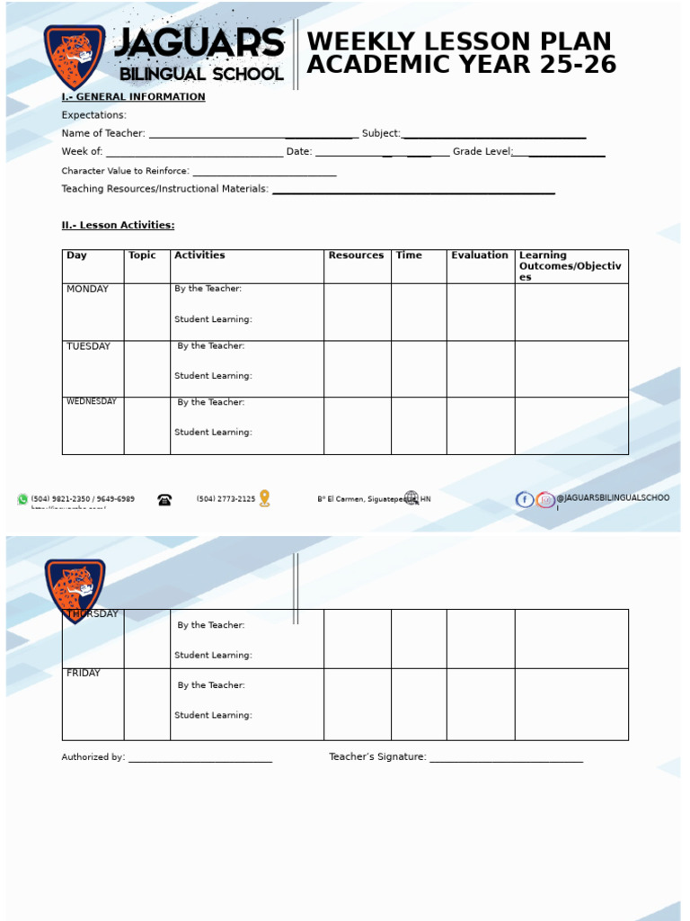 Weekly Lesson Plan 2025-2026 | PDF