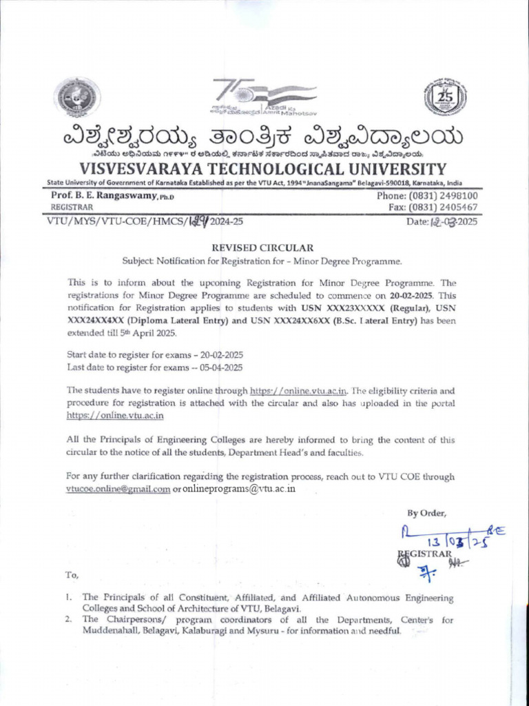 Circular (Revised) VTU COE (129) - Registration For Minor Degree ...