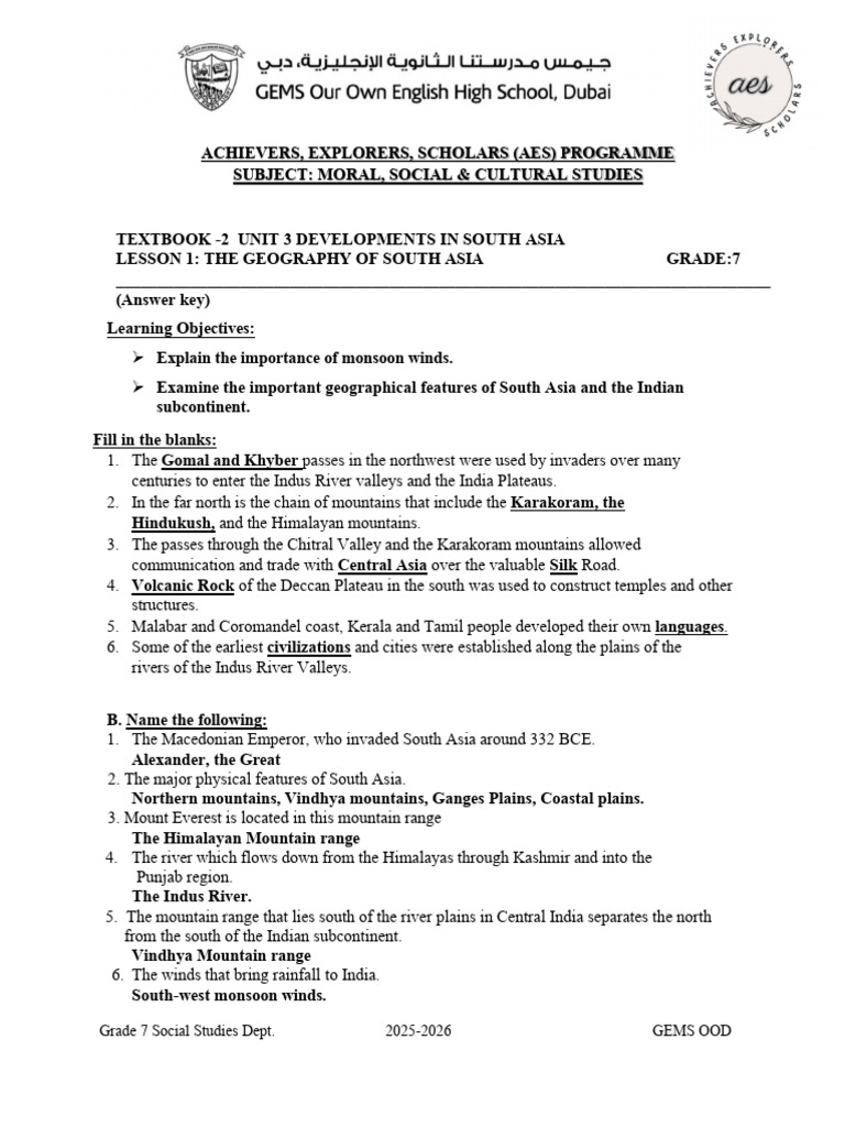 South Asia Geography for Grade 7 | PDF | Monsoon | Himalayas