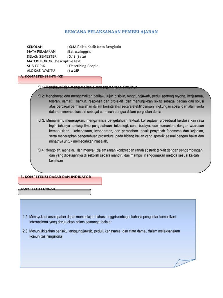 Rencana Pembelajaran Descriptive Text | PDF