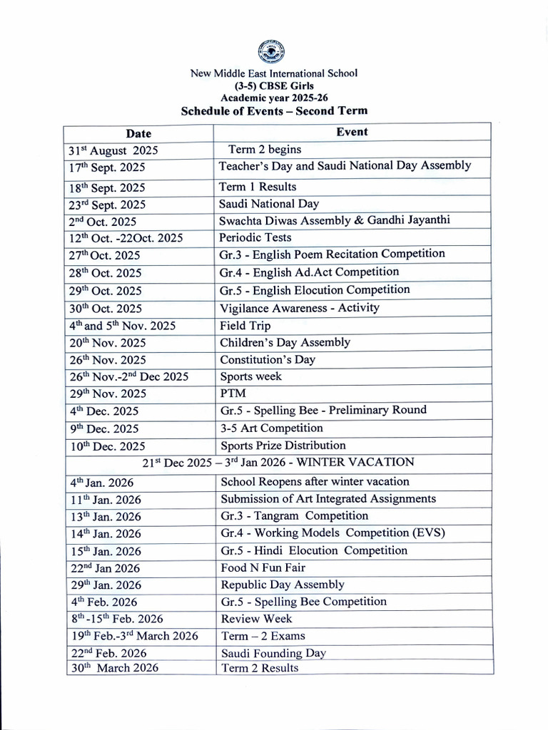 Schedule of Events - Term2 (2025-26) | PDF