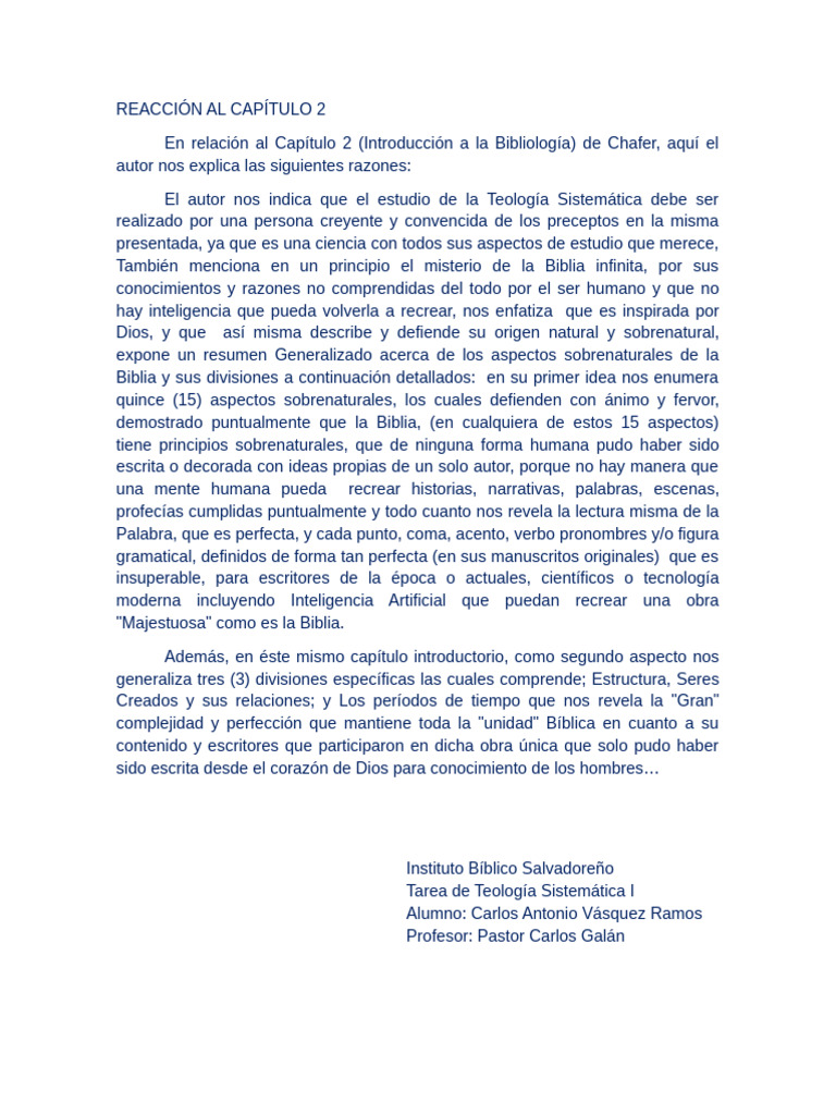 Reacción Al Capítulo 2 de Lewis Chafer Por Carlos Vasquez | PDF