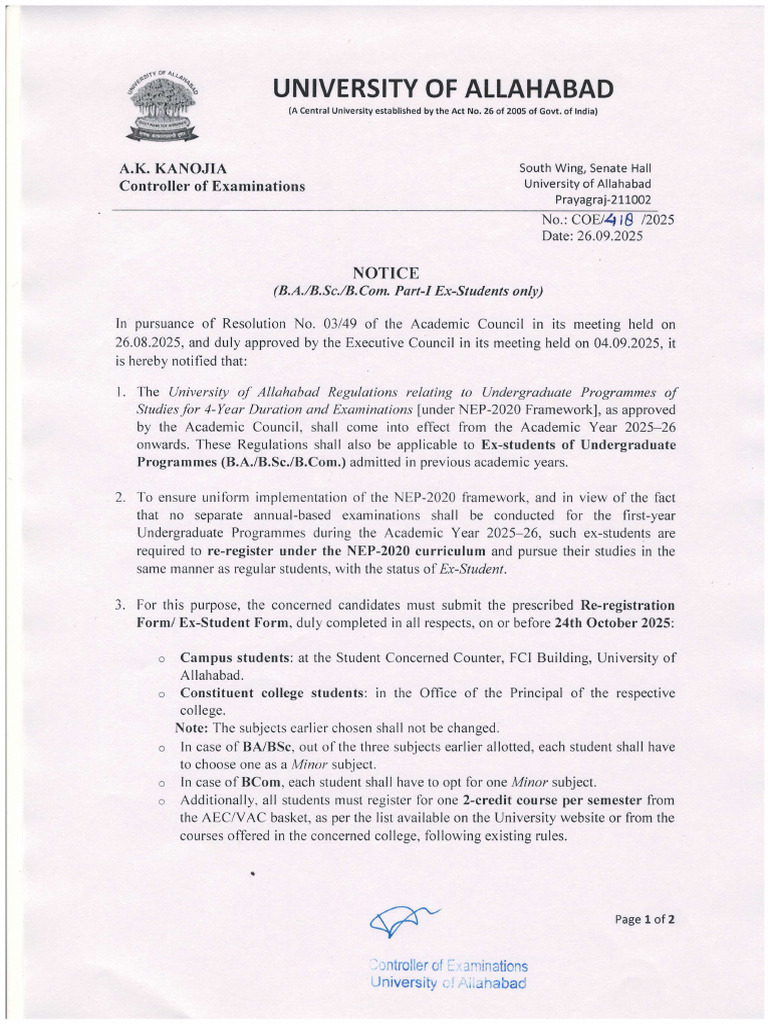 Notice Ba, BSC, Bcom Part I Ex-Student | PDF