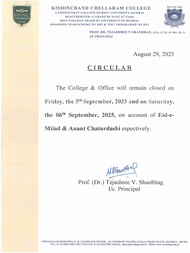 CIRCULAR - Eid-e-Milad & Anant Chaturdashi - 5 & 6 September 2025 | PDF