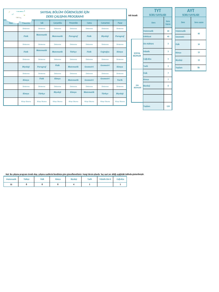 Sayisal Bolum Icin Ders Calisma Programi 1 | PDF