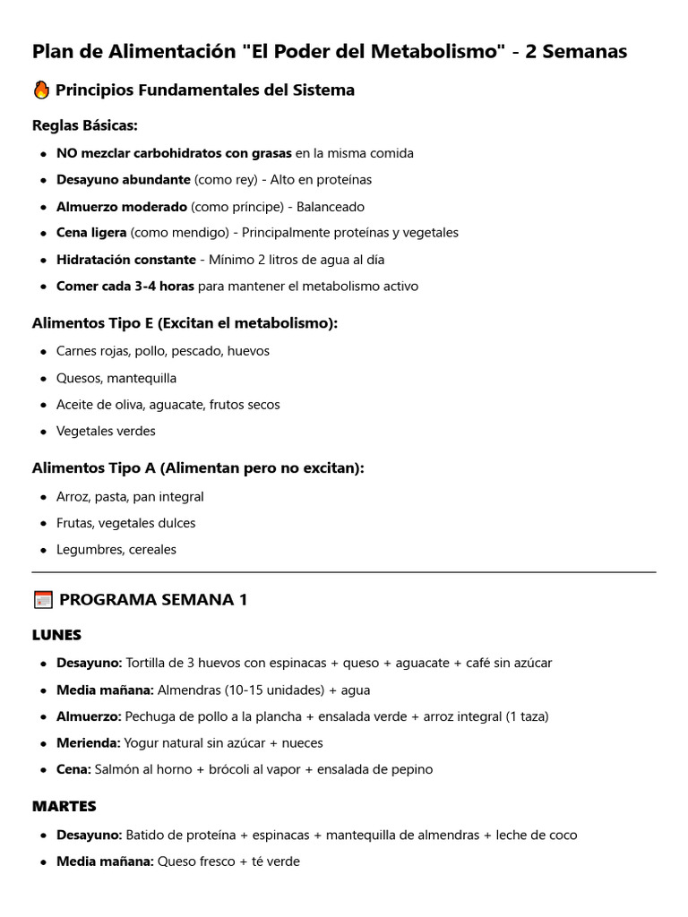 Plan de Alimentación - El Poder Del Metabolismo - 2 Semanas | PDF | ensalada | Almuerzo