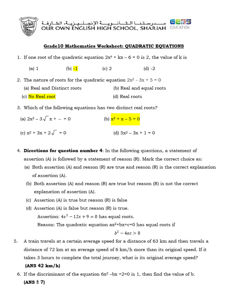 OOS 2025-26 - GR 10 - Chapter End Worksheet - Quadratic Equations | PDF ...