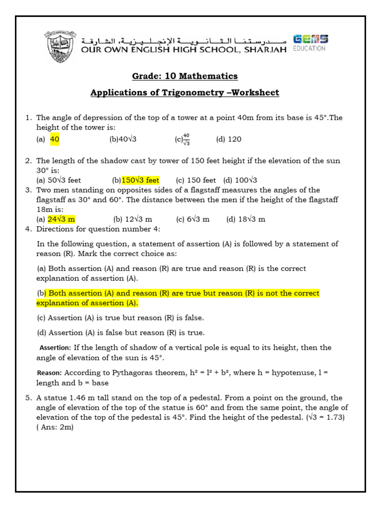 OOS - Grade 10 - 2025-26 - Chapter-End Worksheet-Applications of Trigonometry | PDF | Height
