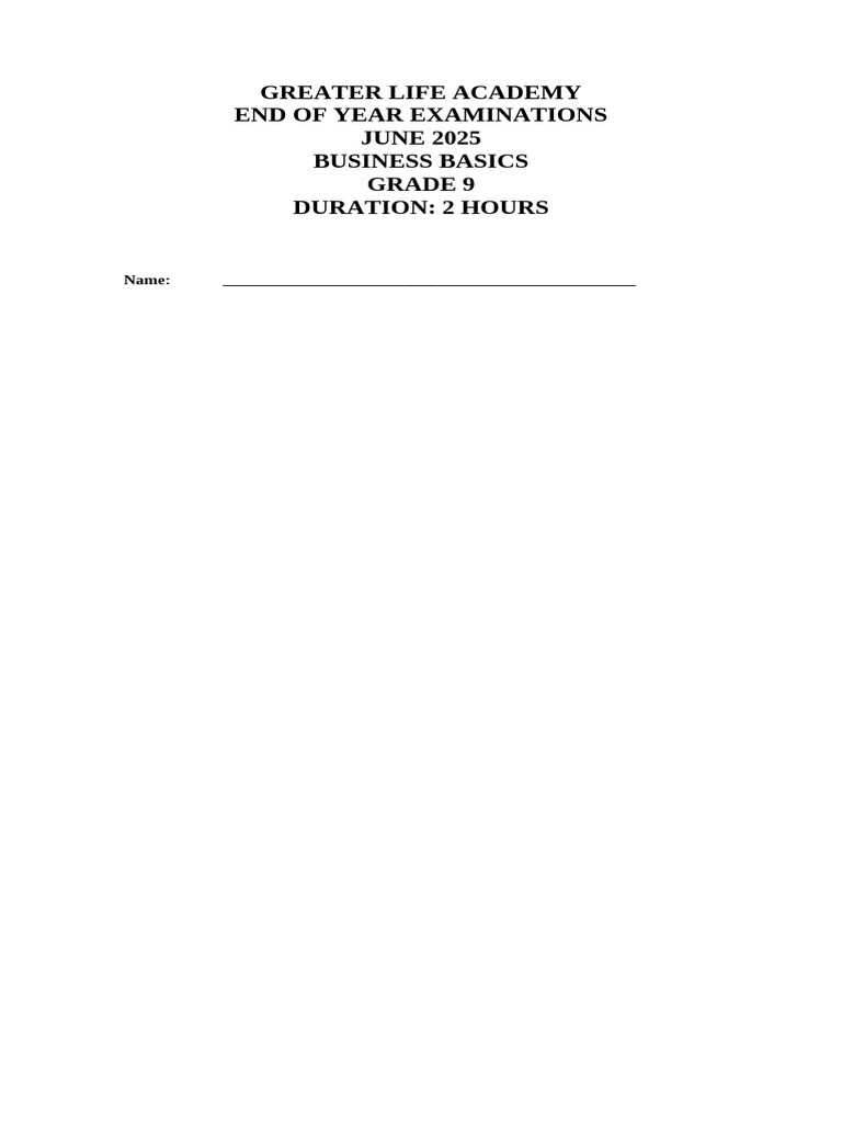 Grade 9 Business Basics Exam 2025 | PDF | Partnership | Sole Proprietorship