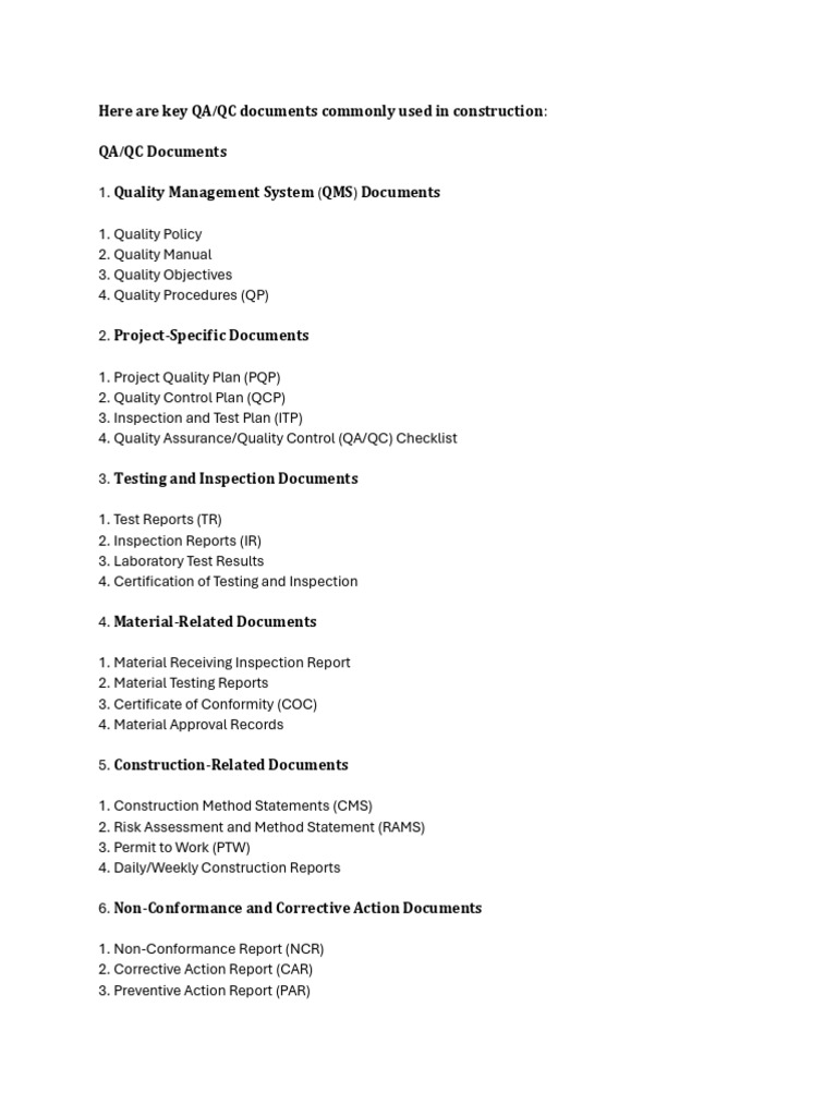QA QC Documents For Construction | PDF
