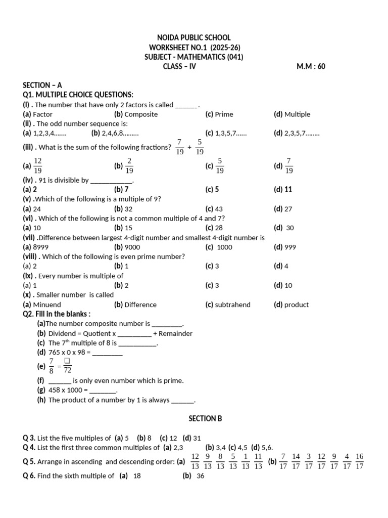 Class IV Mathematics Worksheet | PDF | Subtraction | Mathematical Objects