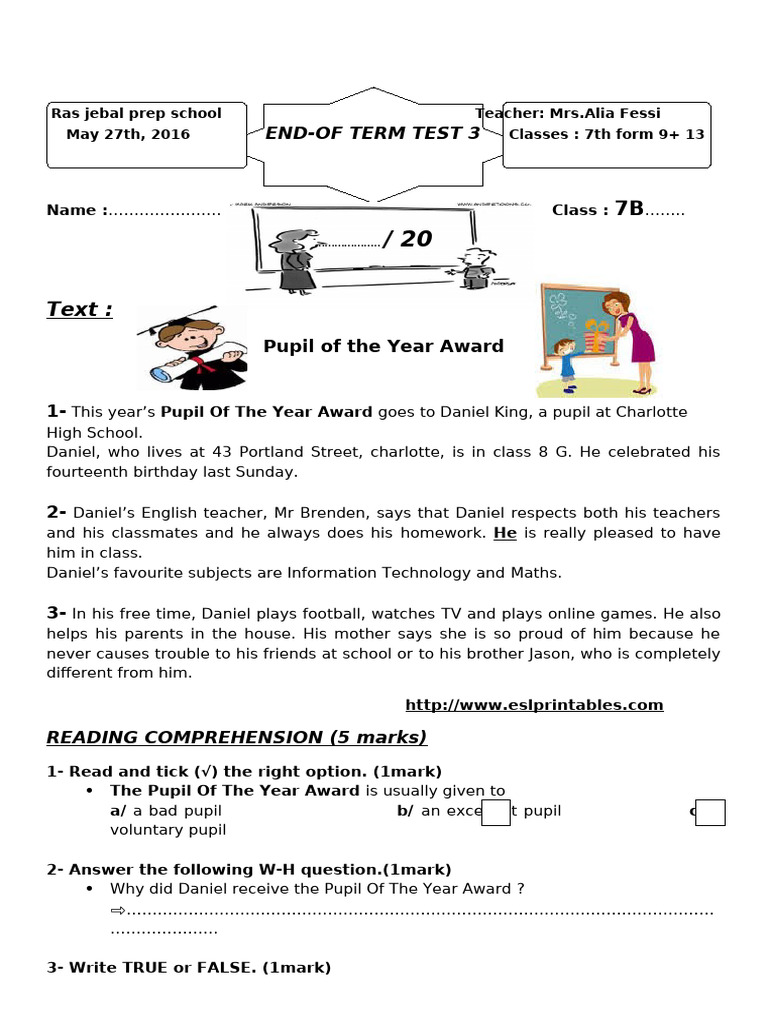 End of Term Test 3 For 7th Grade May 2016 | PDF