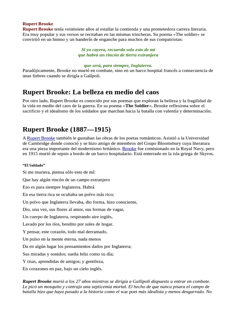 Rupert Brooke: Poemas y legado idealista | PDF | Amor