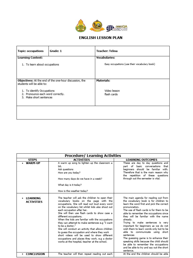 Lesson Plan G1 Occupations 2023 | PDF | Vocabulary | Flashcard