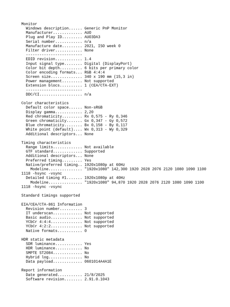 AUO Generic PnP Monitor Specs | PDF | Video | Imaging