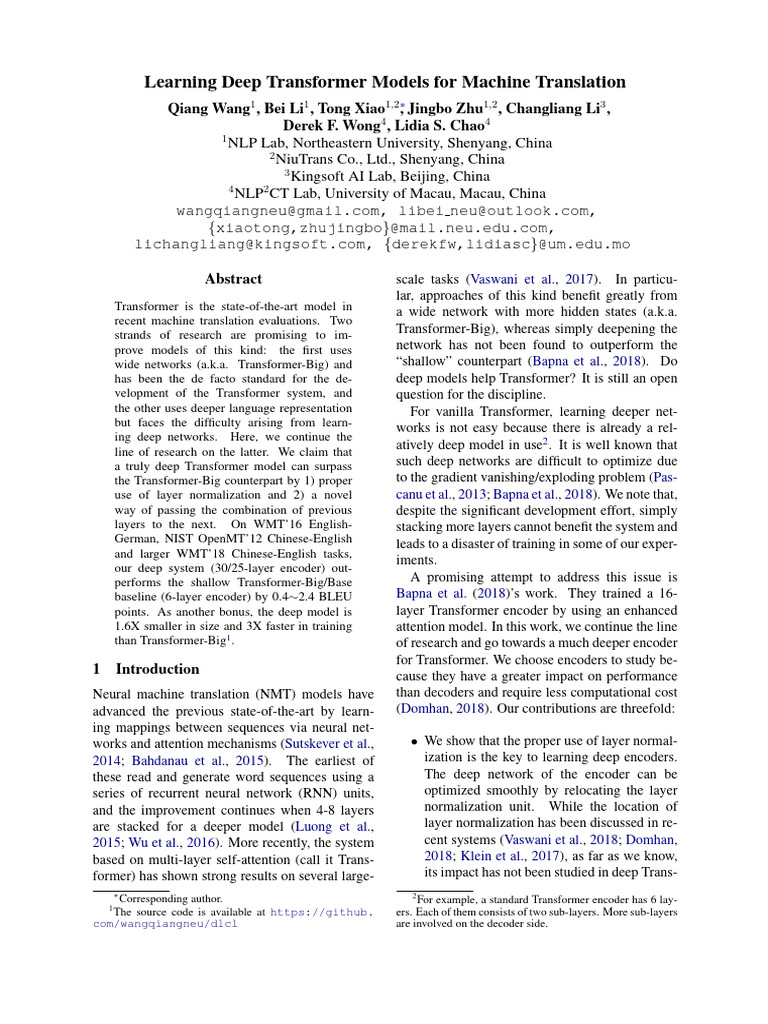 2019-Learning Deep Transformer Models For Machine Translation | PDF | Applied Mathematics ...