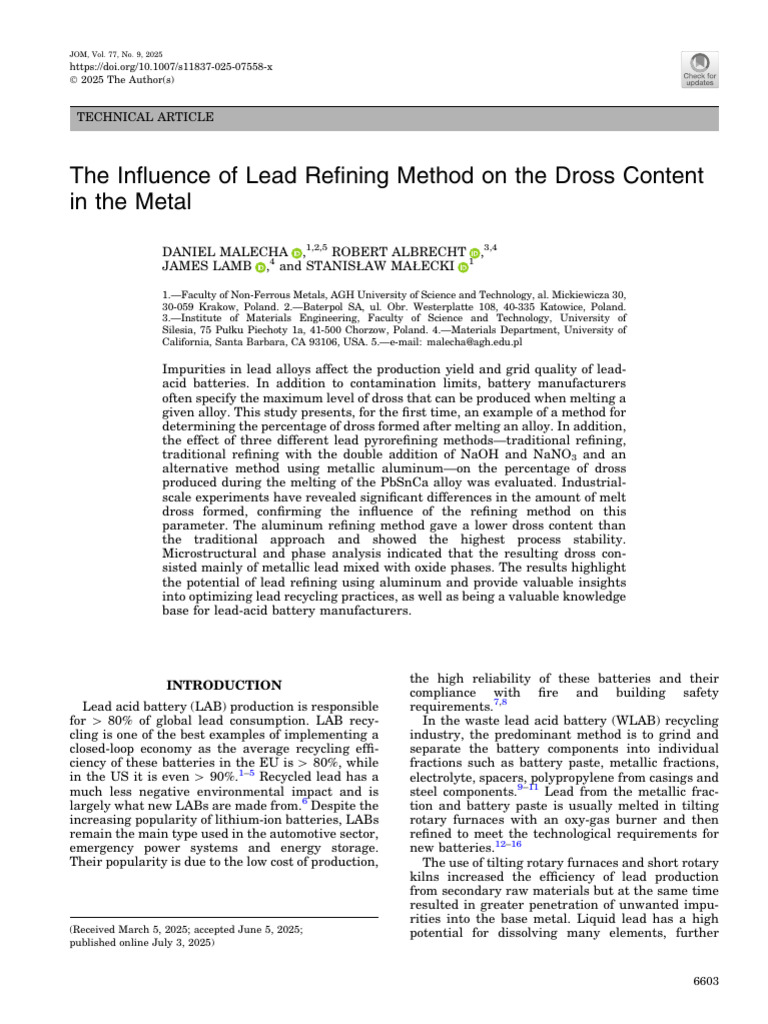 The Influence of Lead Refining Method on the Dross Content in the Metal ...