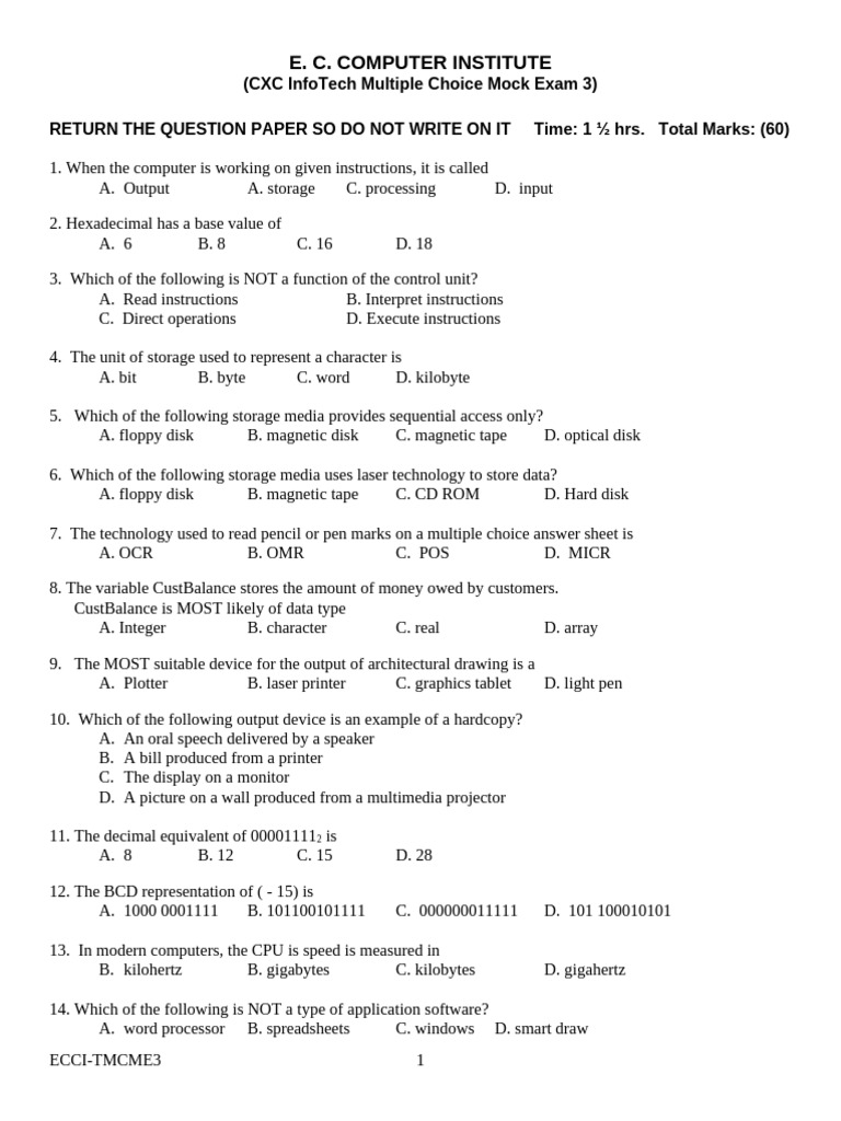 Multiple Choice Mock Exam 3 | PDF | Spreadsheet | Computer Data Storage