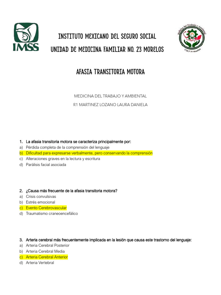 Afasia Transitoria Motora: Causas y Síntomas | PDF