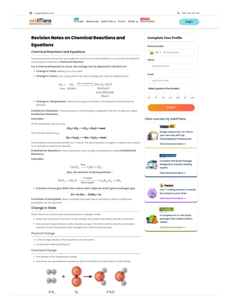 WWW Askiitians Com Revision Notes Class 10 Science Chemical Reactions ...