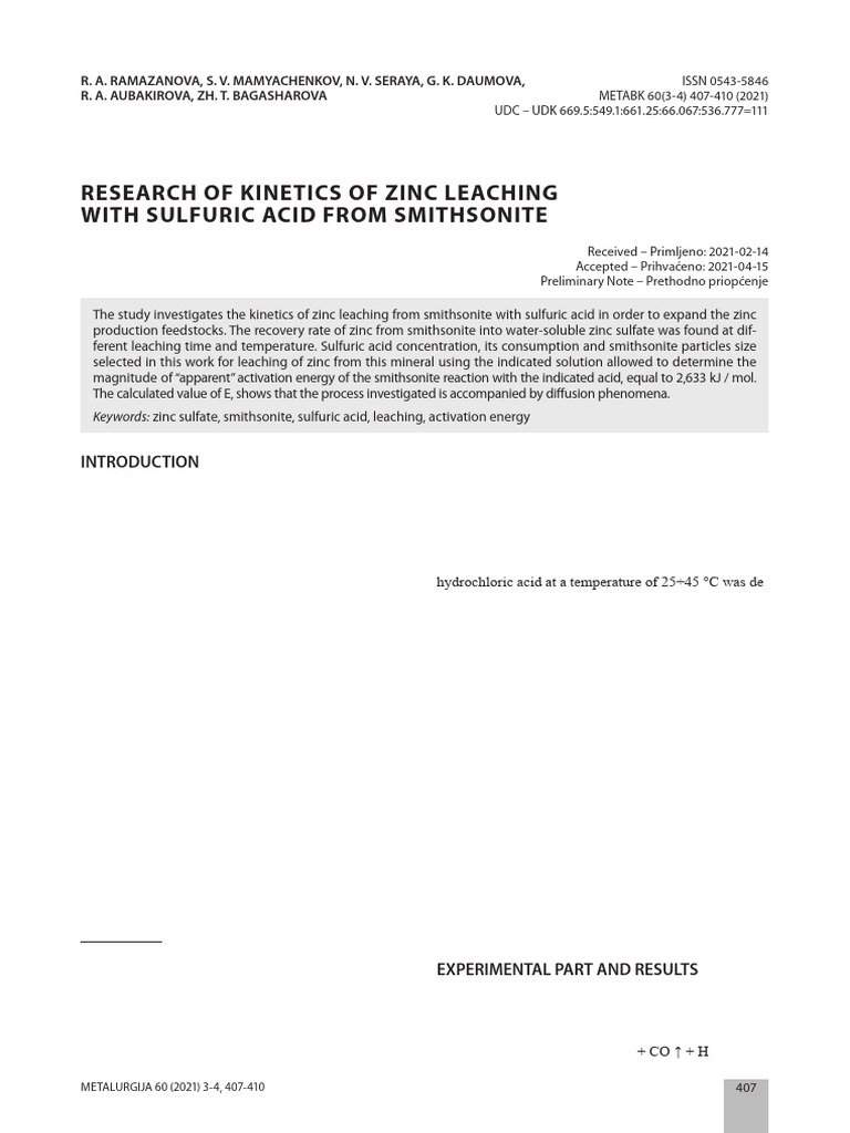 Zinc Leaching Kinetics from Smithsonite | PDF | Zinc | Activation Energy