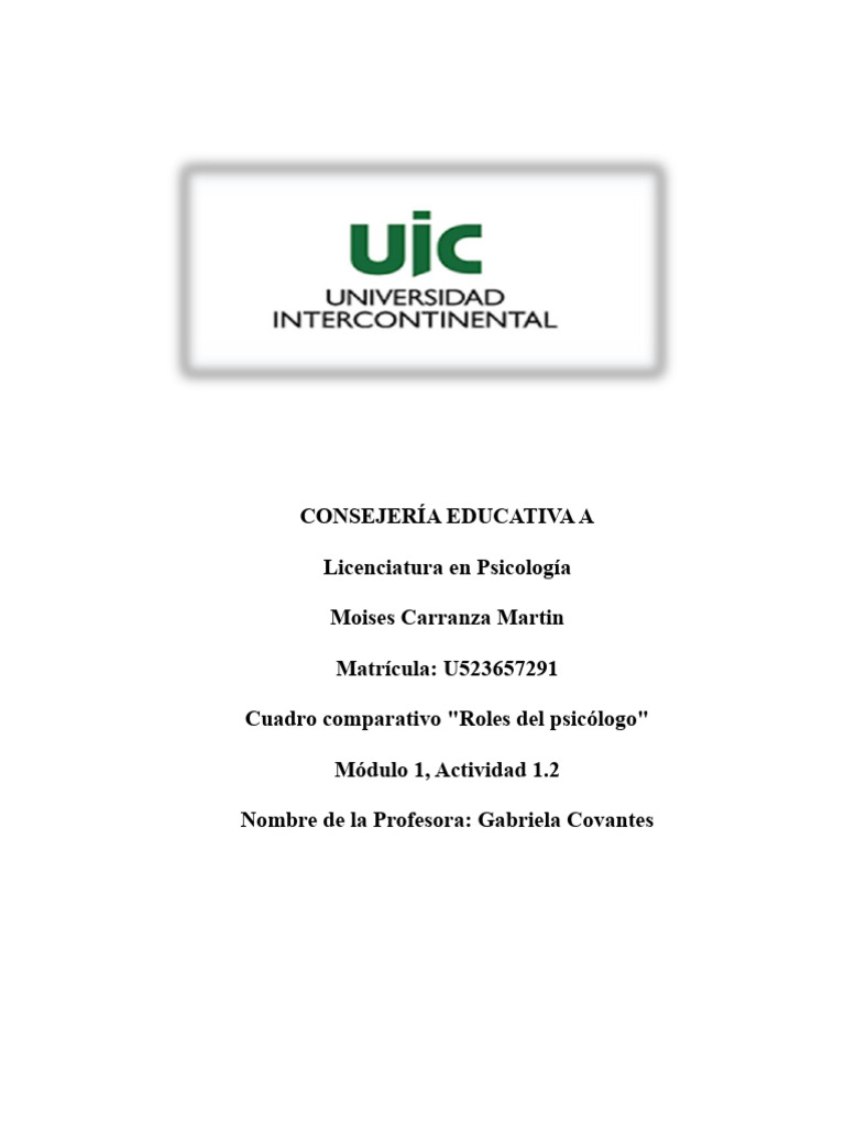 Act 1.2 Carranza Martin Moises Cuadro Comparativo Roles Del Psicólogo | PDF | Sicología | Maestros