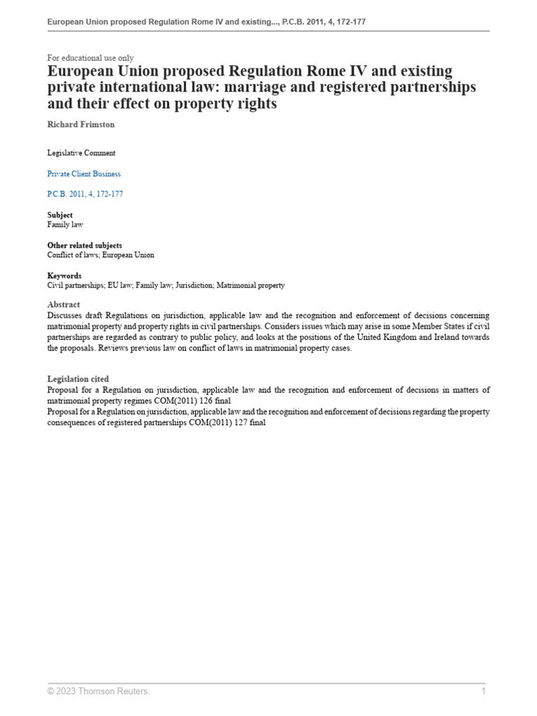 European Union Proposed Regulation Rome IV and Existing Private ...