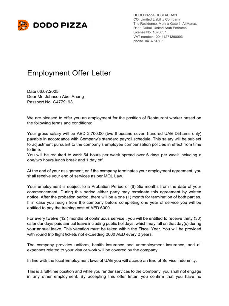 Dodo Pizza Employment Offer Letter | PDF | Employment | United Arab ...