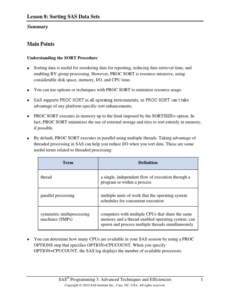 8 Sorting Sas Data Sets Pdf Sas Software Central Processing Unit