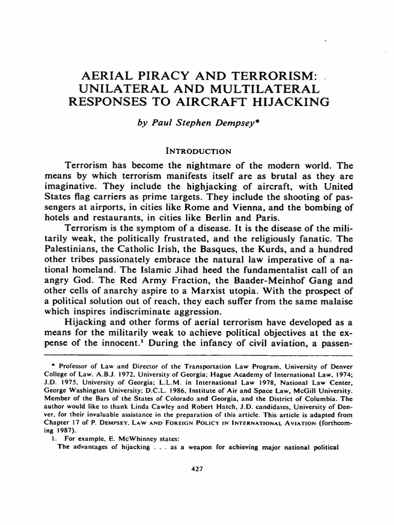Aerial Piracy and Terrorism Unilateral and Multilateral Responses To ...