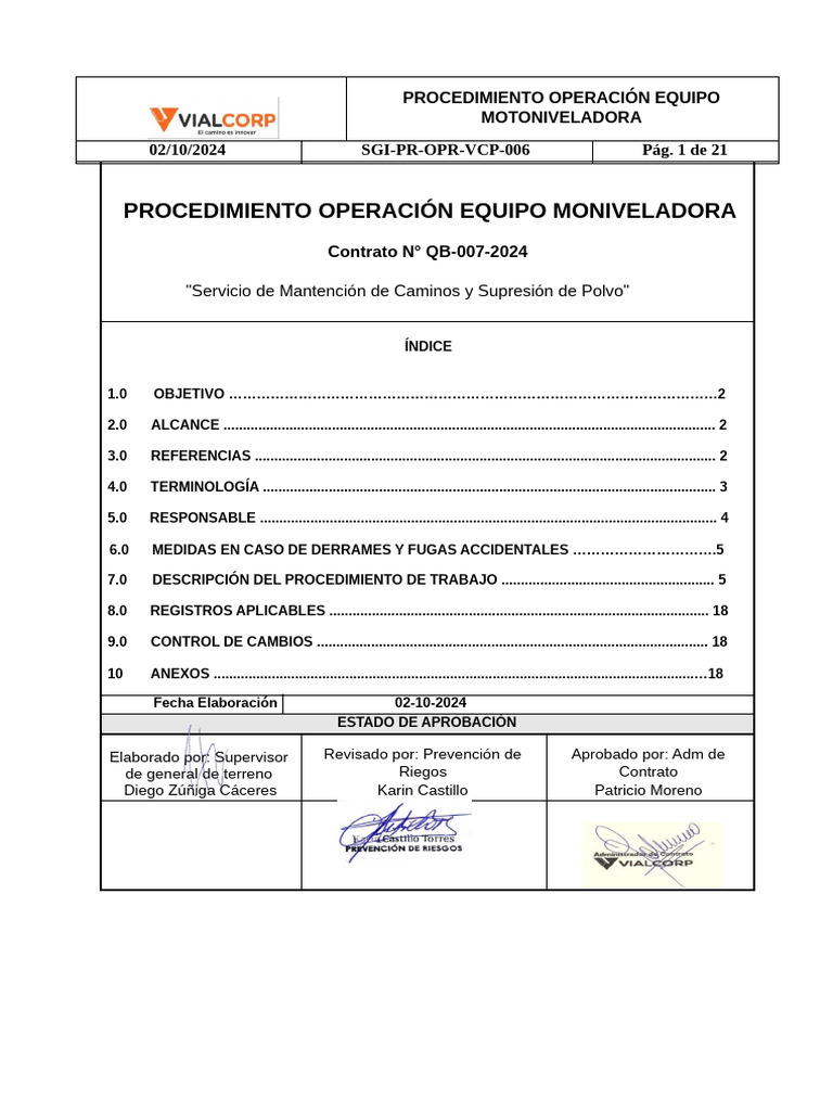 SGI-PR-OPR-VCP-006 - Procedimiento Operación Equipo Motoniveladora, Rev 0 | PDF