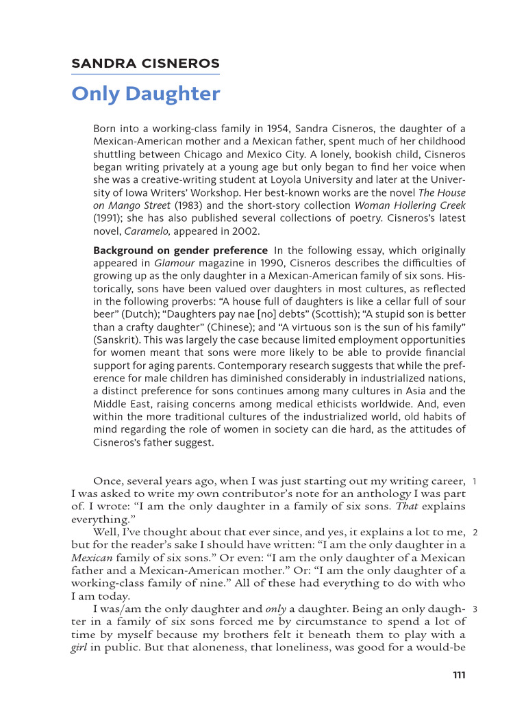 Cisneros: Growing Up as the Only Daughter | PDF | Essays