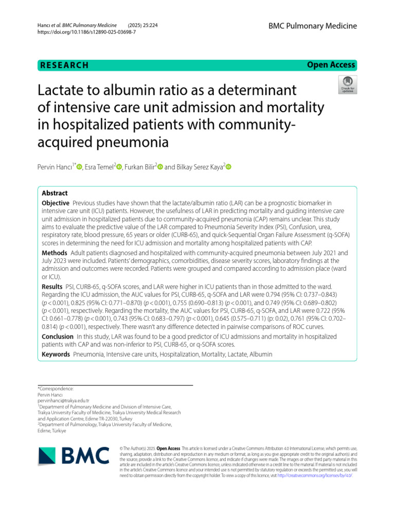 Lactate/Albumin Ratio in CAP Prognosis | PDF | Receiver Operating ...