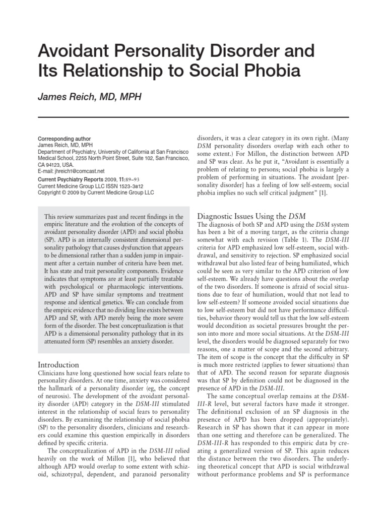 Avoidant Personality Disorder and Its Relationship To Social Phobia | PDF | Mental Disorder ...