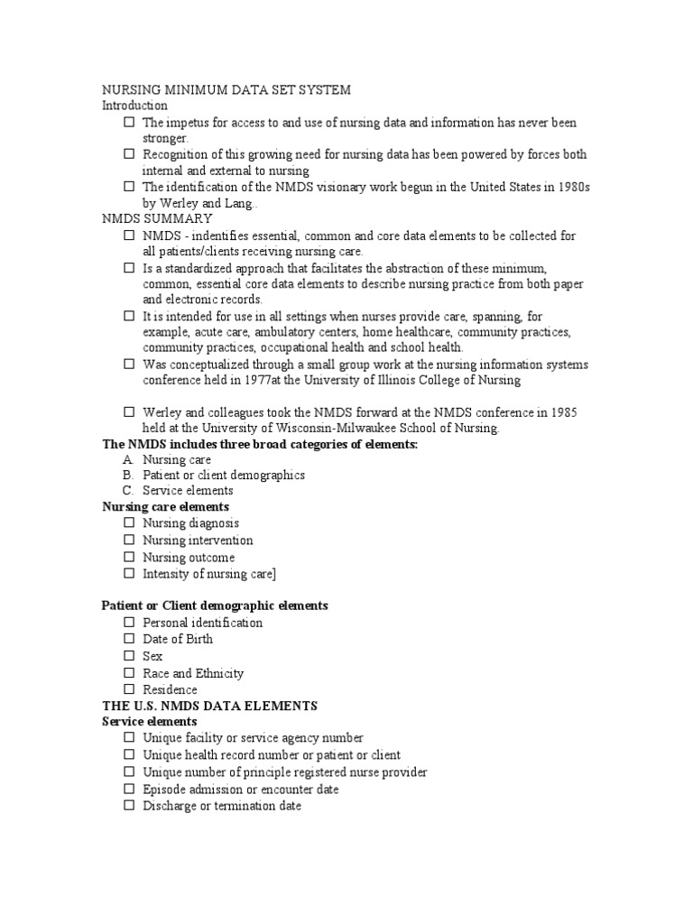 Nursing Minimum Data Set System | PDF | Nursing | Patient Nursing Minimum Data Set System | PDF | Nursing | Patient