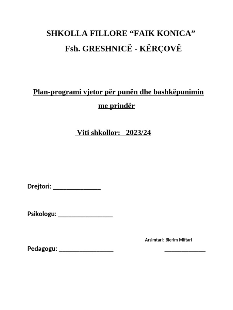 Plani Për Bashkëpunim Me Prindër 2023-24 | PDF