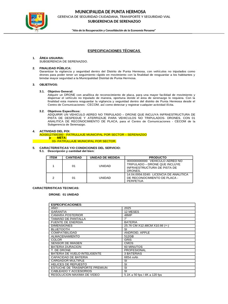 Especificaciones Tecnicas Drone y Analiticas de Placa | PDF | Vehículo aéreo no tripulado ...