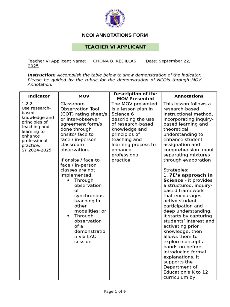 NCOI Annotations for Teacher VI Application | PDF | Inquiry Based ...