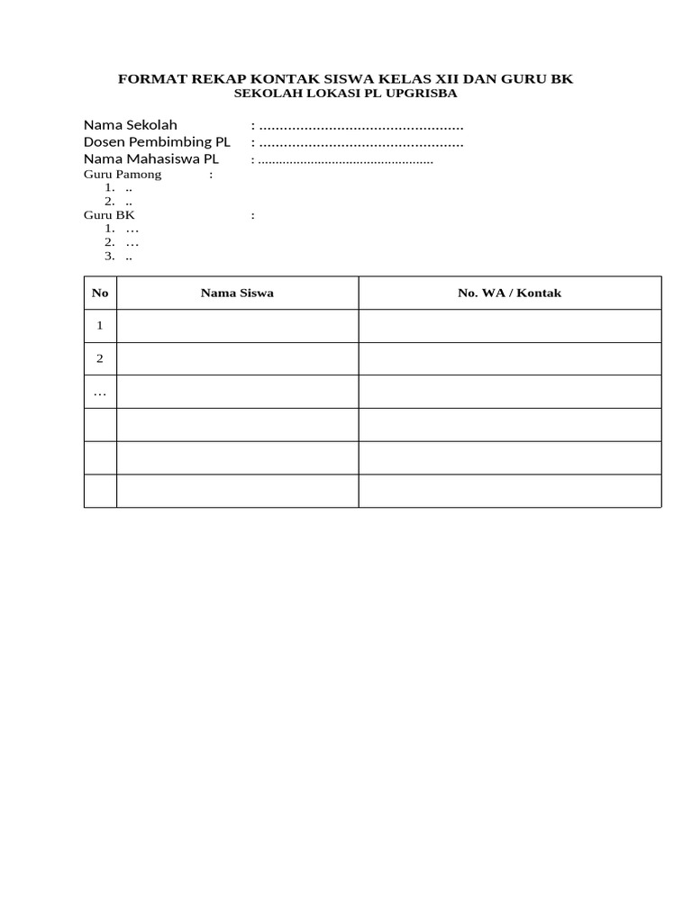 Format Rekap Kontak Siswa Kelas Xii Dan Guru Bk Pl 2025 Pdf