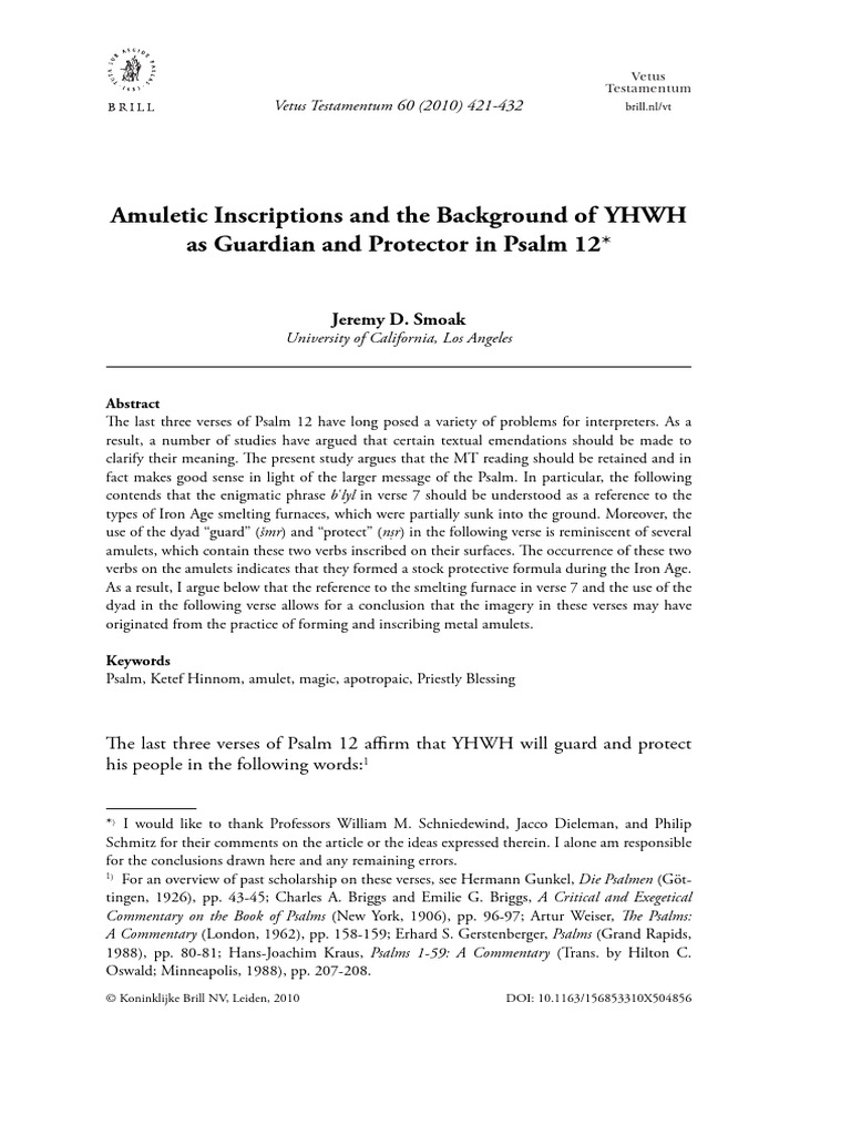 Amuletic Inscriptions and The Background of YHWH As Guardian and ...