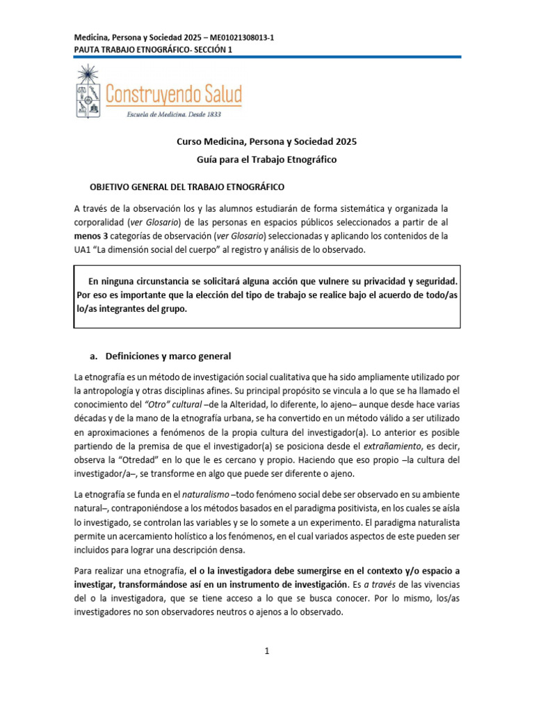 MP S Gu A de Trabajo Etnogr Fico 2025 Secci N 1 | PDF | Etnografía ...