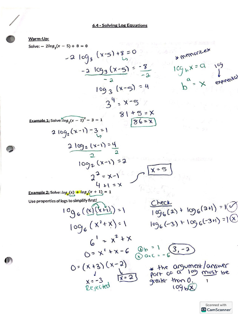 6.4 Solving Log Equations (Filled) | PDF