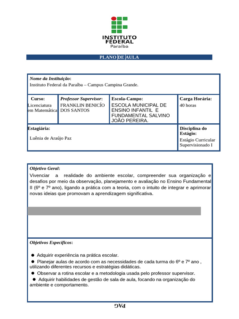 Plano de Estágio - Luênia A. | PDF | Aprendizado | Lição
