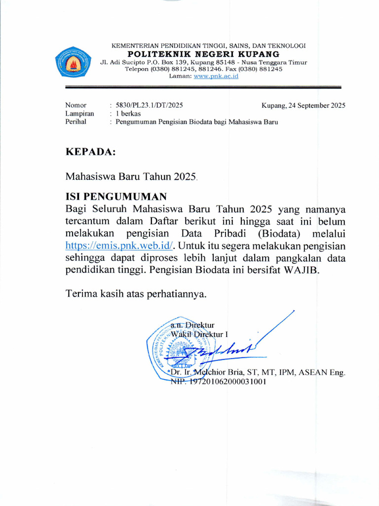 Jurusan Teknik Sipil Pengumuman Pengisian Biodata Bagi Maba | PDF