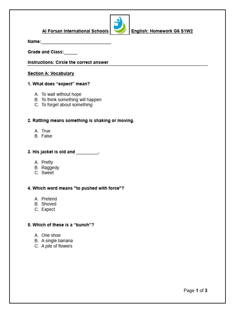 G6 S1 W2 English Homework | PDF | Linguistics