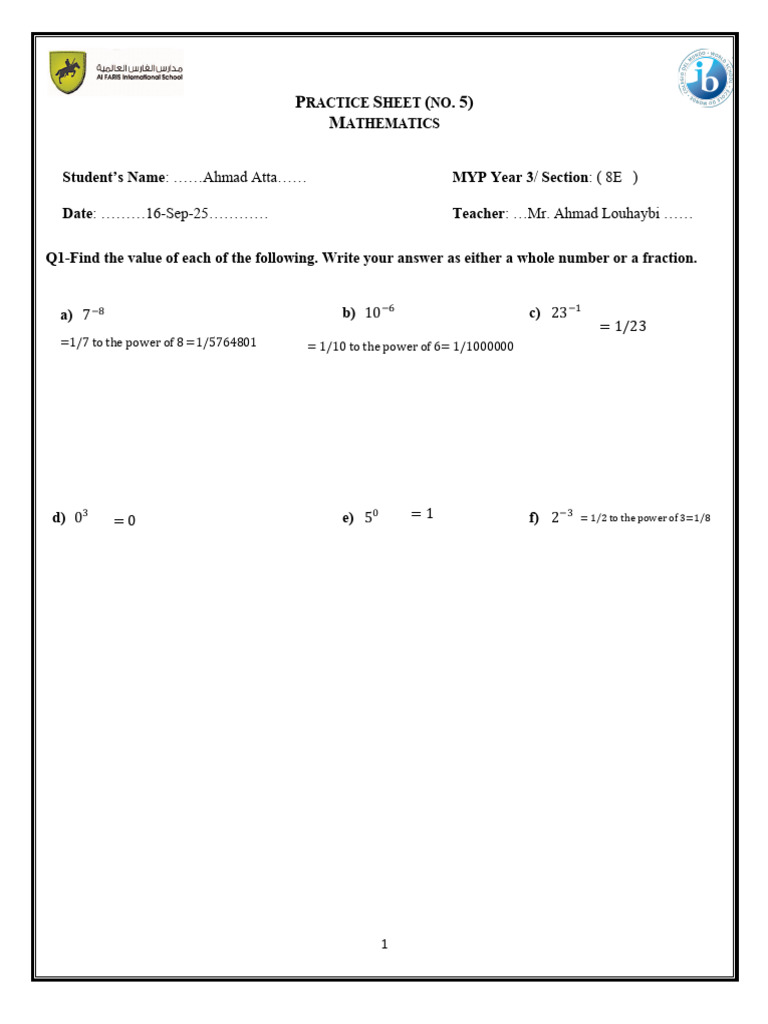 Y3 Mathematics Practice Sheet 5 1 - Answered - Ahmad Atta | PDF