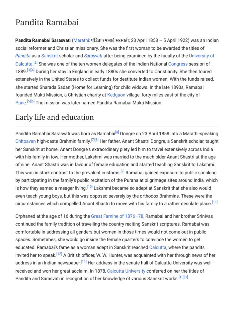 Biography of Pandita Ramabai | PDF
