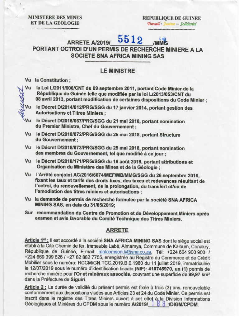 Arrete N°5512 Portant Octroi D'un Permis de Recherche Miniere A La Sna ...
